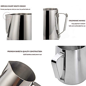 SIKEMAY Milk Frothing Pitcher Jug - 12oz/350ML Stainless Steel Coffee Tools Cup - Suitable for Espresso, Latte Art and Frothing Milk, Attached Dessert Coffee Spoons