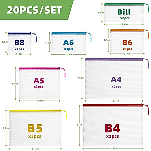 20pcs Mesh Zipper Pouch for Organization, Waterproof Zipper Pouches Colored PVC Travel Zipper Bags Clear Multipurpose Document Bags Suitable for Travel, School, Board Game and Office Supplies