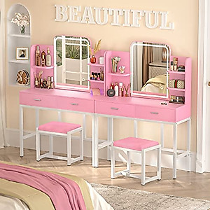 armocity Vanity Desk with Mirror and Light, Makeup Vanity with Cushioned Stool, Vanity Table Set with 3 Color Lighting Options, Modern Dressing Table with 2 Storage Drawers for Bedroom, Pink