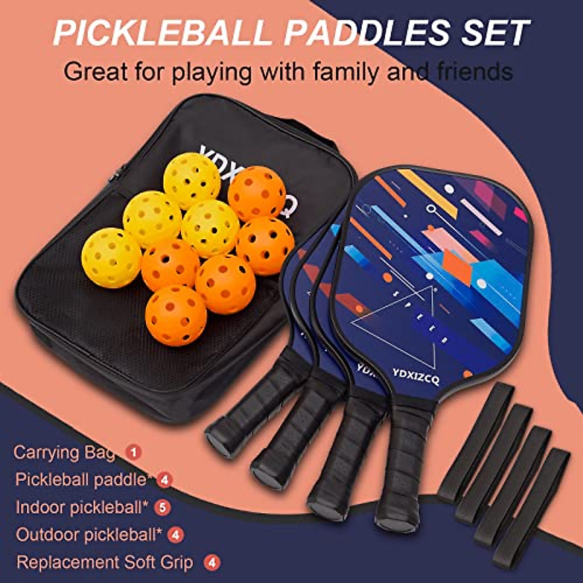 YDXIZCQ Pickleball Paddles,Fiberglass Surface Pickleball Paddles Set of 4,5 Orange Indoor Balls,4 Yellow Outdoor Balls,4 Replacement Soft Grips,1 Carrying Bag,Pickleball Paddle Gifts for Men Women