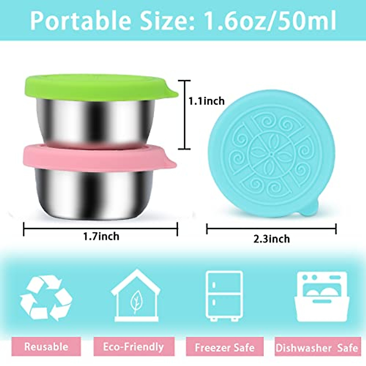 Salad Dressing Container To Go, 4x1.6oz Stainless Steel Small Containers with Lids, Easy Open and Reusable Condiment Containers with Lids, Leakproof Sauce Containers for lunch box, Dipping Sauce Cups