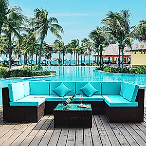 Merax 7 Pieces Patio, Weather PE Sectional Garden Furniture Corner Sofa Set for Backyard and Pool, Blue+Rattan