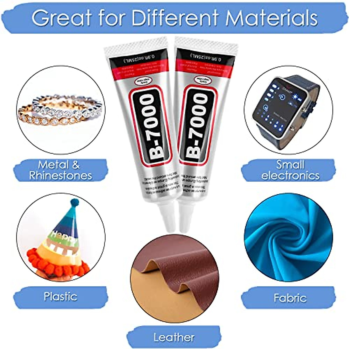B 7000 Glue with Tips, Fabric Super Glue B7000 Rhinestone Crafts Clear Liquid Glue Super Adhesive for Cell Phone Repair, Clothes, Glass, Wooden, Metal Stone Beads Small Jewelry DIY(2 x 25 ML/ 0.9 OZ)
