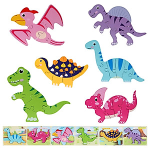 6 Pieces Set of Wooden Dinosaur Puzzles for Children 1-5 Years Old, Wooden Puzzles for Montessori Learning for Toddlers, Preschool Educational Toys, 3D Dinosaur Puzzles for Boys and Girls Gift