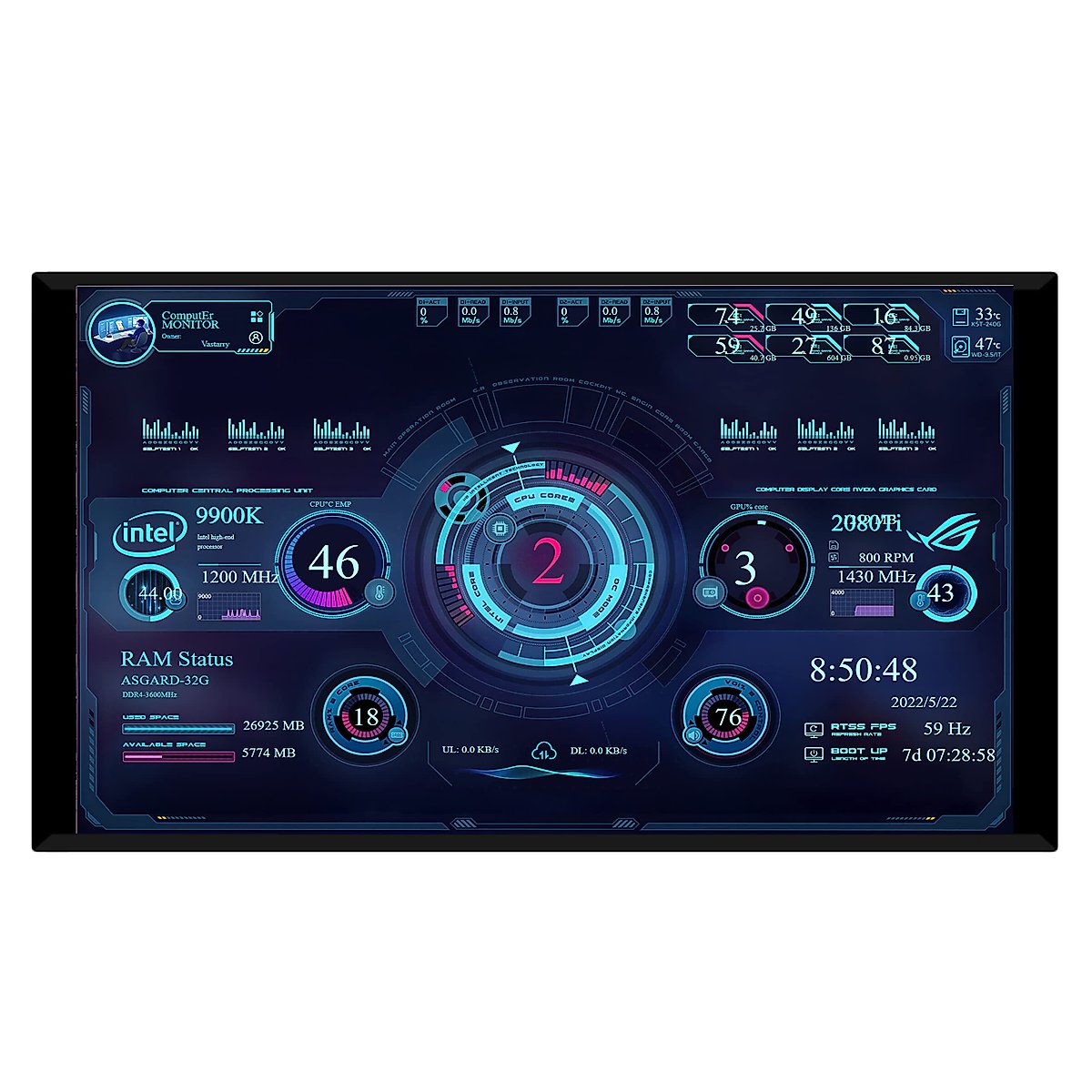 Vastarry 7 inch Monitor, Suitable for AIDA64 Hardware Monitor Panel Monitor, Dynamic Computer case Light Board, Computer Hardware Health Monitor Panel, DIY Music Spectrum.