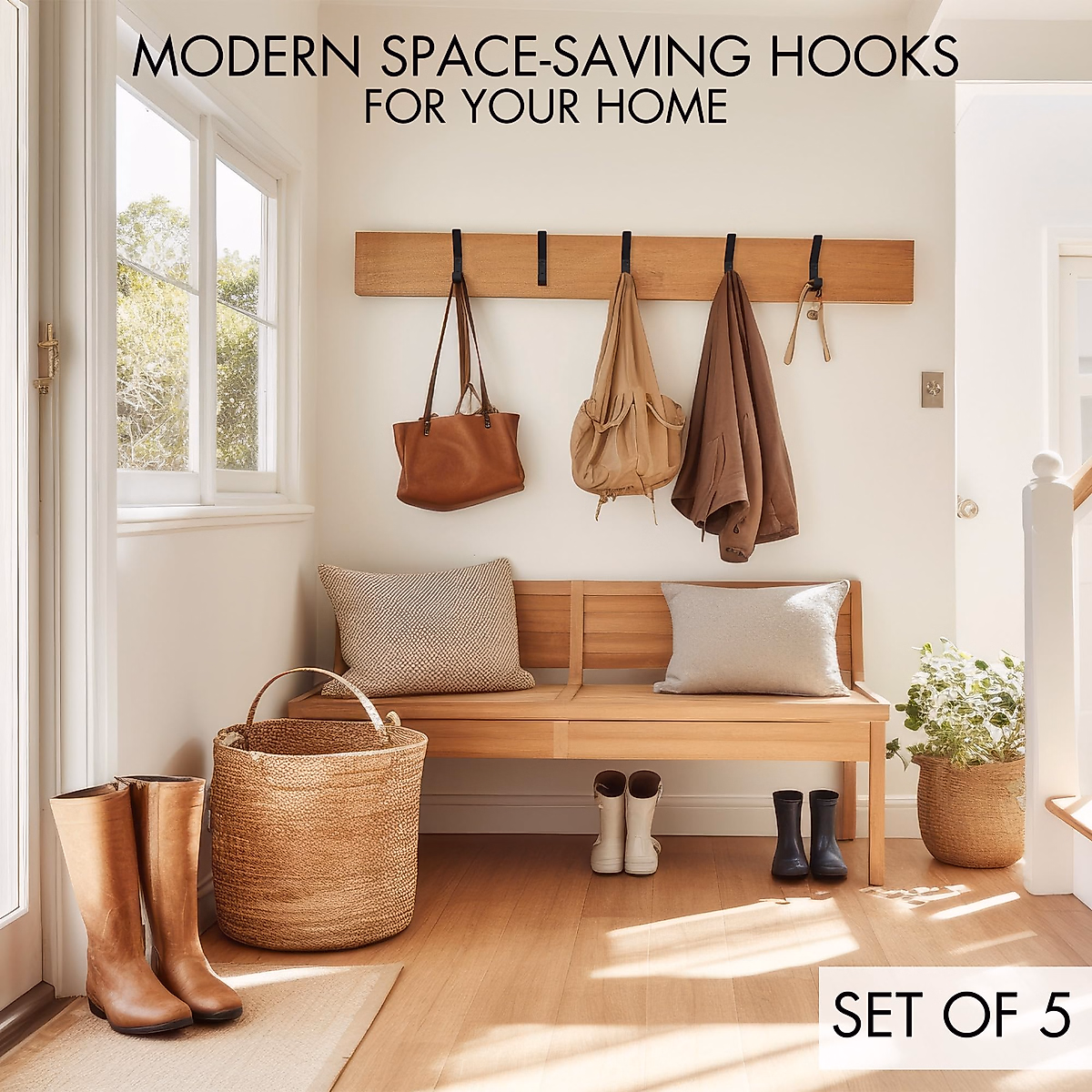 Decorative Coat Hooks For Wall Mount Set of 5 - Stylish and Sturdy Black Metal Double Hooks Are Perfect To Hang Your Jackets, Towels Or Hats - A Modern Addition To Any Farmhouse or Minimal Home Decor