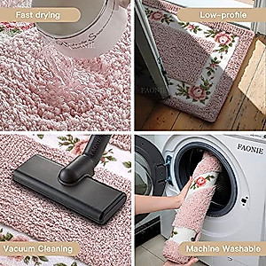 FAONIE Pretty Floral Rural Style Romantic Rose Flower Rug Shaggy Area Rugs Soft Non-Slip Doormat Floor Mat Bath Mat Bathroom Shower Rug Bedroom Living Room Carpet (Nice Pink, M)