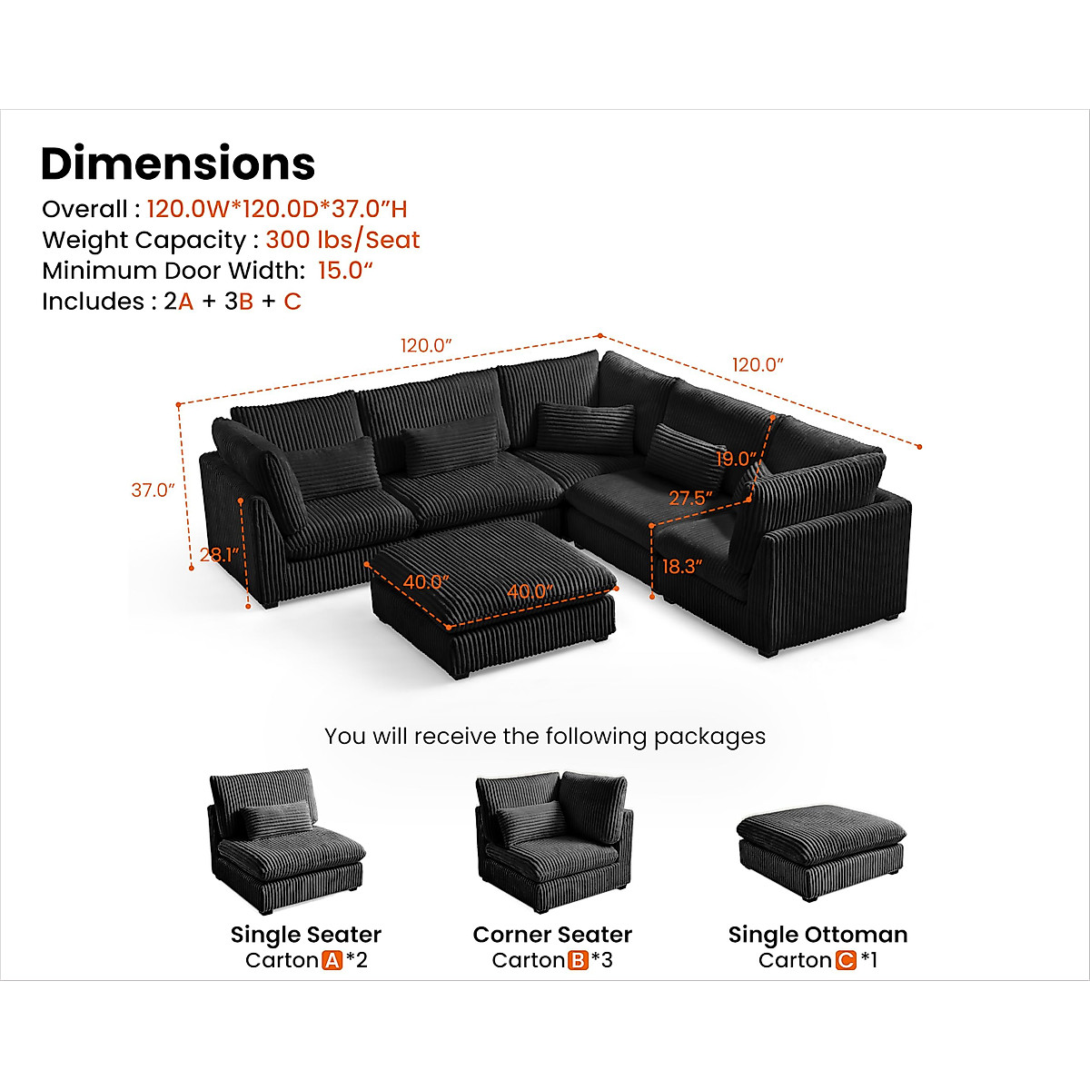Cloud Oversized Modular Sofa, 120" Corduroy Wide Seat Sectional with Reversible Chaise, Shaped Couches Modern Comfy Fluffy Cushion Sleeper Sofa Bed with Convertible Ottoman for Living Room 5 Seater