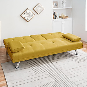 Naomi Home Transform Your Living Space with Comfort Green Futon Sofa Bed with Armrest, Cupholders, & Reclining Function, Ideal for Cozy Living Rooms! Sofa Bed Couch with Metal Legs, Yellow Linen