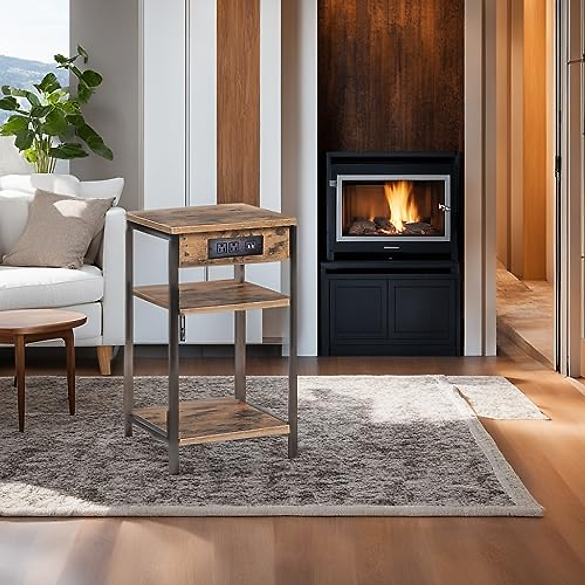 VGWHY End Table with Charging Station, 3 Tier Side Table with USB Ports and Power Outlets, Rustic Brown Night Stand for Living Room, Bedroom