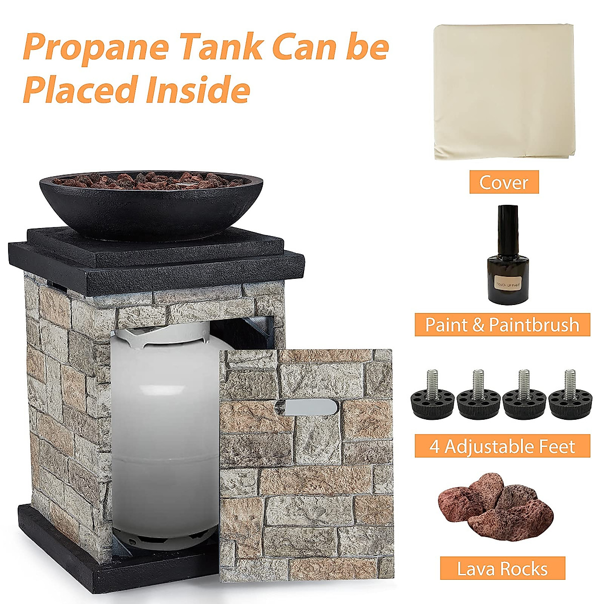 AVAWING Propane Firebowl Column, 40000 BTU Outdoor Gas Fire Pit, Compact Ledgestone Firepit Table with Lava Rocks and Rain Cover