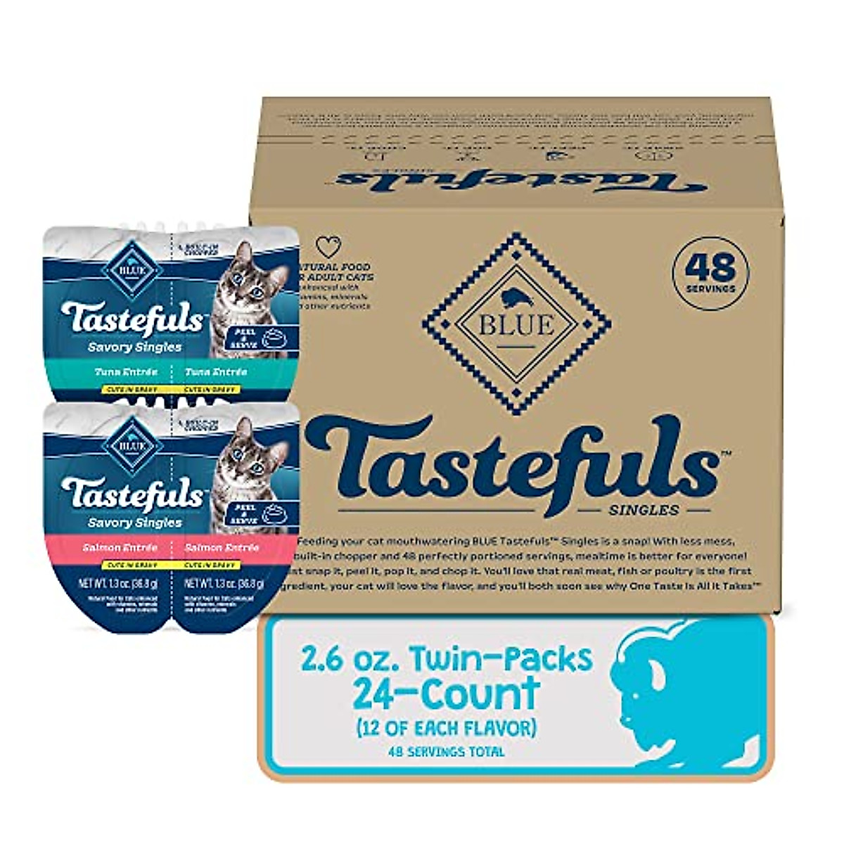 Blue Buffalo Tastefuls Savory Singles Adult Cuts in Gravy Wet Cat Food Variety Pack, Salmon and Tuna Entrée, 2.6-oz Twin-Pack Tray 24 Count(Pack of 2)