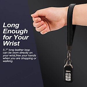 Car Key Fob Keychain Holder Genuine Leather Wristlet Loop Key Chain Circle Carabiner Clip for Men and Women with Anti-lost D Ring, Screwdriver, 4 Key Rings, 360 Degree Rotatable, Metal and Black