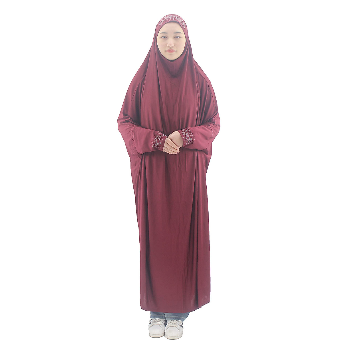 Cogongrass Women's One-Piece Prayer Dress Prayer Garment Abaya Jellaba Islamic Clothing Hijab for Hajj Umrah Wine Red