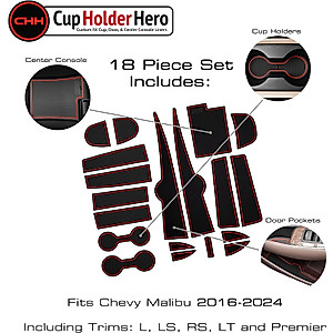 CupHolderHero fits Chevy Malibu Accessories 2016-2024 Premium Custom Interior Non-Slip Anti Dust Cup Holder Inserts, Center Console Liner Mats, Door Pocket Liners 18pc Set (Red Trim)