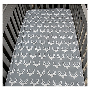 Dear Baby Gear Deluxe Crib Sheet Cotton Polyester Baby Crib Sheets, Soft Machine-Washable Crib Mattress Sheet - White Antler on Gray Print, 52"x28"x10"