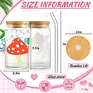 Vesici 6 Pack Color Changing Glasses with Bamboo Lid and Glass Straw Drinking Glasses Mushroom Can Shaped Glass Cups 16 oz Beer Glasses Tumbler Cup Reusable Glass Drinking Straws for Juice Milk Water