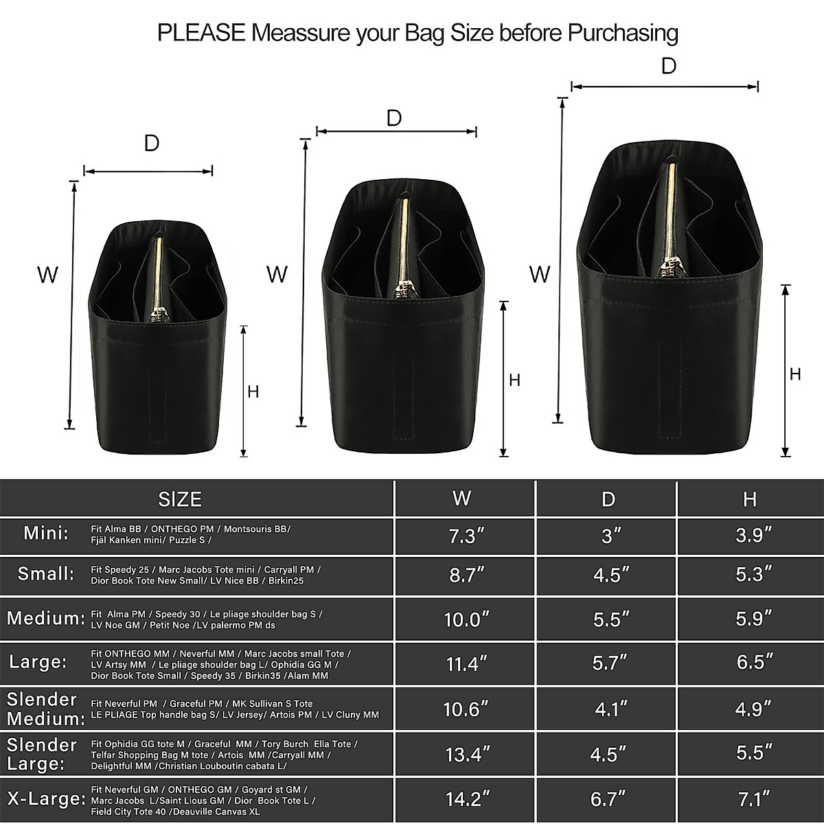 Purse Organizer Insert For Handbags, Purse Organizer With Zipper, Neverfull Organizer, Bag Organizer For Speedy Neverfull ONTHEGO Tote, Handbag and More (Silky Black, Mini)