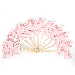 12Pcs Pink Bow Cupcake Toppers - Girls Birthday Party Decorations,Bow Tie Birthday Cupcake Toppers,Bachelorette Wedding Party Decorations,Pink Bow Girl Cake Smash Photo Props