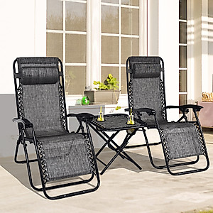 HAPPYGRILL Zero Gravity Lounge Chairs Set with Coffee Table, Folding Reclining Chairs with Side Table and Pillow, 3 Pieces Adjustable Patio Lawn Recliner Set for Outdoor Garden Camp Travel