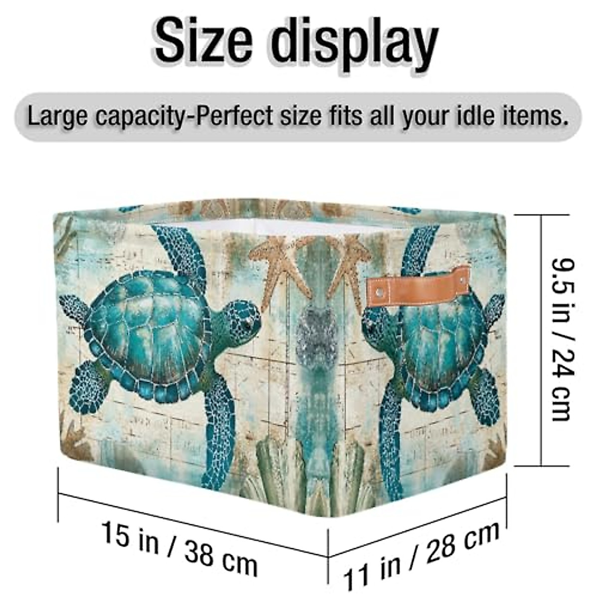 Sea Turtle Retro Map Storage Basket Bin Nautical Ocean Starfish Large Fabric Toys Storage Cube Box with Handles Collapsible Closet Shelf Cloth Organizer Basket for Nursery Bedroom Gift
