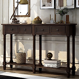 P PURLOVE Wood Slim Console Table with Drawer 58 Inch Long Sofa Table with Bottom Shelf for Living Room Bedroom Hallway Entryway