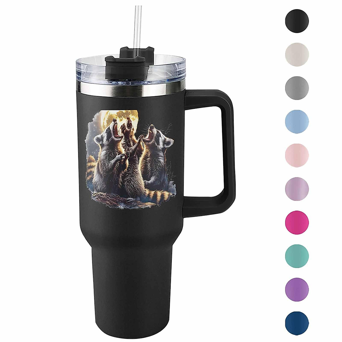 40 Oz Insulated Tumbler with Handle and Straw,Three Little Raccoon Stainless Steel Vacuum Insulated Travel Mug,Leak-proof Water Bottle Iced Coffee Cup,The Moonlight Animal