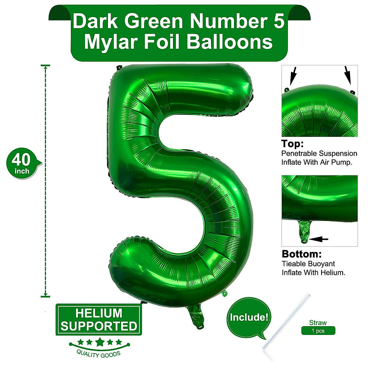40 Inch Dark Green Number 5 Balloon Large Size Giant Jumbo Digit Mylar Foil Helium Dark Green Balloons for Birthday Party Celebration Decorations Graduations Anniversary Baby Shower Photo Shoot
