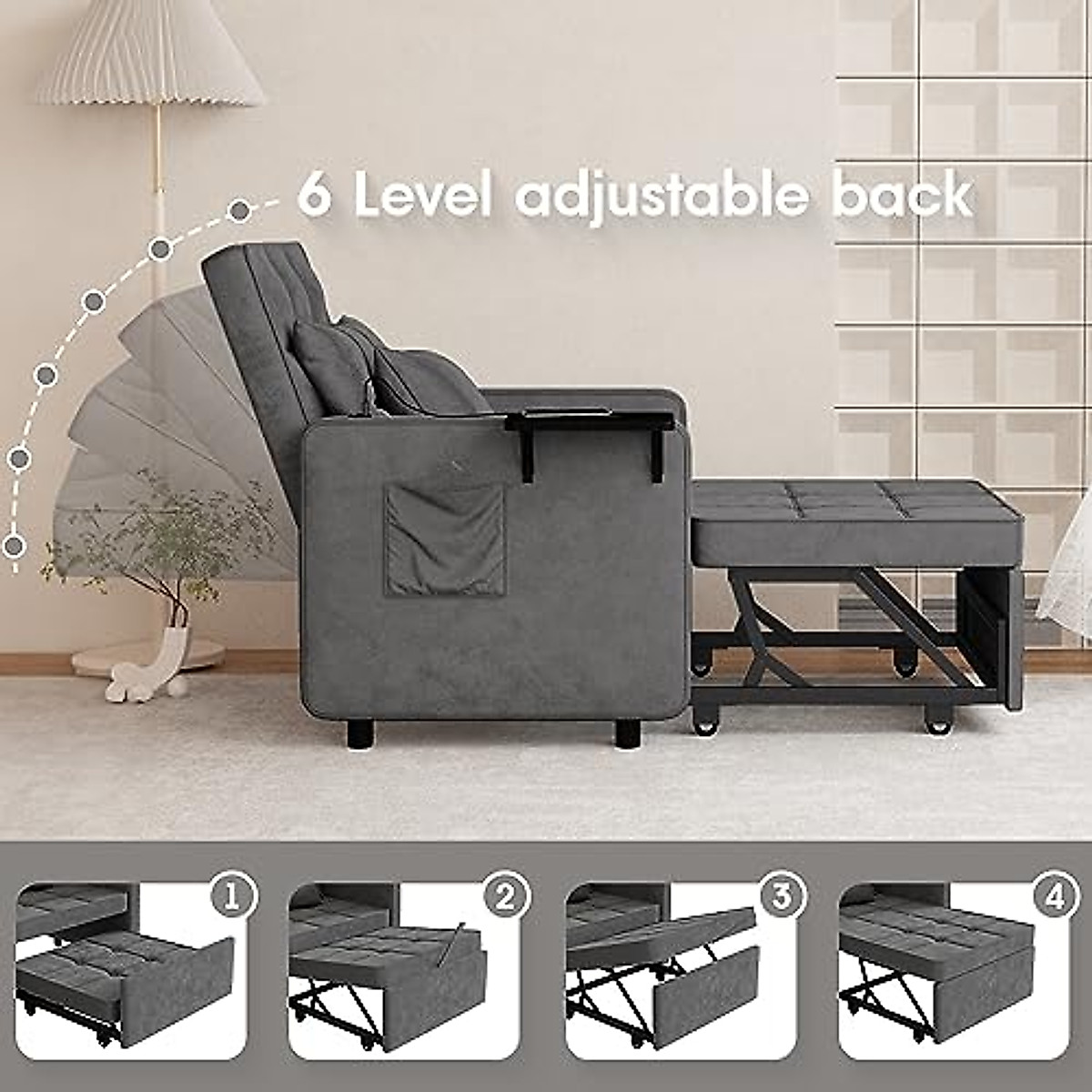 Vabches Sofa Bed Chair with Wing Table and USB Ports Outlet, 3-in-1 Sofa Chair Bed with Two Pillows, Velvet Sleeper Chair with Adjustable Backrest, Easy Assembly, Dark Grey