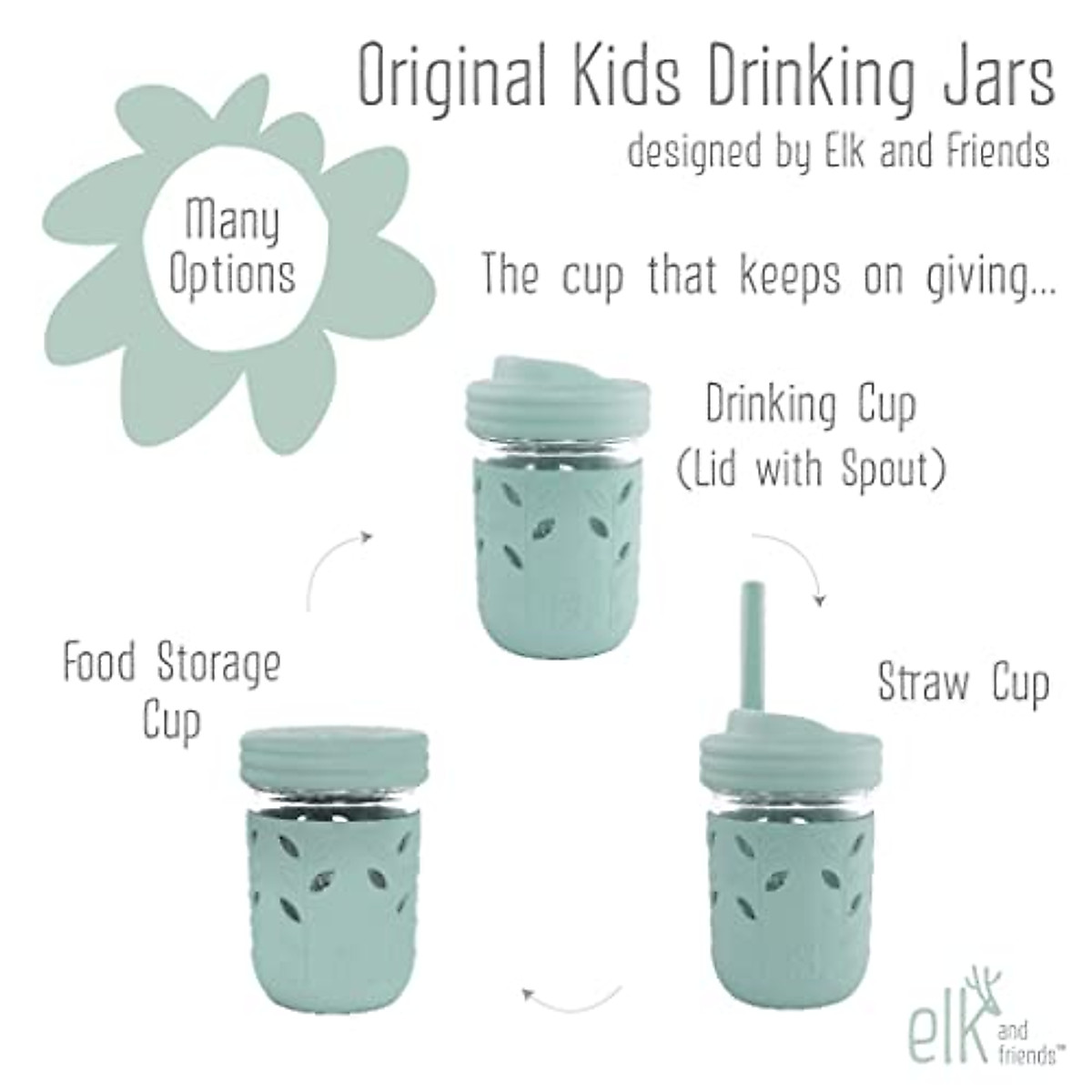 Elk and Friends Kids & Toddler Cups | The Original Glass Mason jars 8 oz with Silicone Straws with Stoppers | Smoothie Cups | Spill Proof Sippy Cups for Toddlers