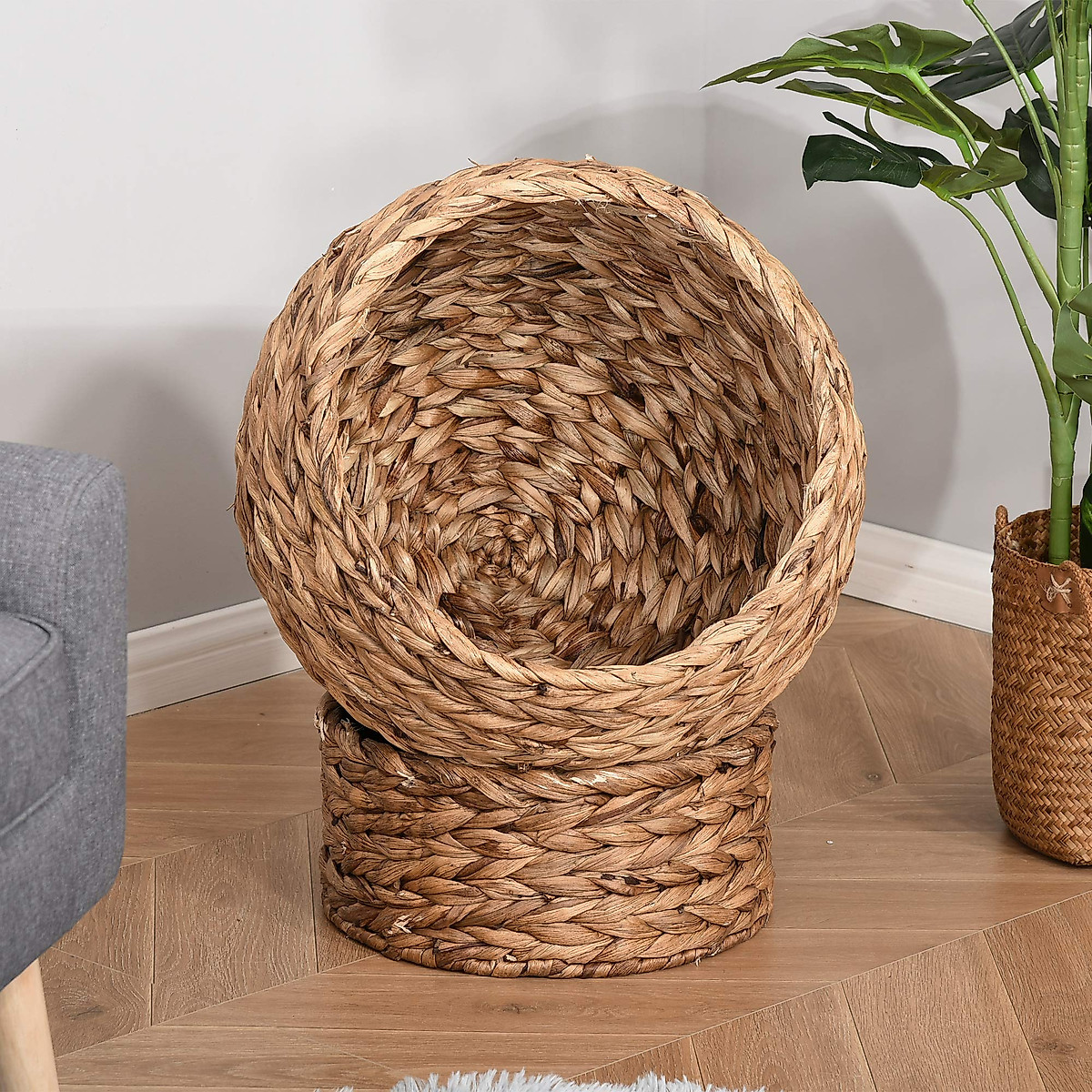 PawHut Handwoven Elevated Cat Bed with Soft Cushion & Cat Egg Chair Shape, Cat Basket Bed Kitty House with Stand, Raised Wicker Cat Bed for Indoor Cats, 23.5" H, Brown