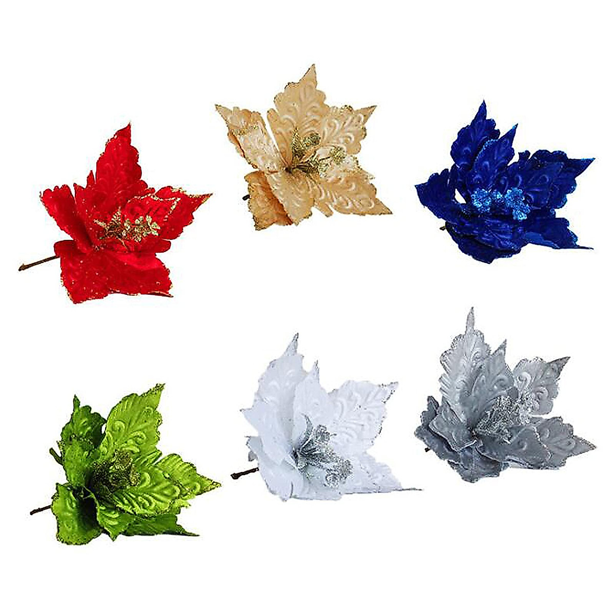 Sucpur 6Pcs Christmas Red Poinsettia Flower, 11 Inch Artificial Glitter Floral Heads Flower Plastic DIY Garden Velvet Decoration Wreath Home Artifical Flowers, White, 210608QY01-5-6-10049-2006202041