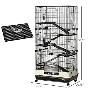 PawHut 59.5" Small Animal Cage with Wheels, 6-Level Portable Bunny Cage, Chinchilla Ferret Cage with Removable Tray, Platform and Ramp