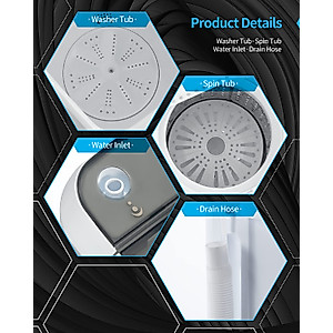 TABU 17.6Ibs Portable Washing Machine, Compact Washer Machine, Mini Washing Machine, Twin Tub Washer and Spiner, Ideal for Dorms, Apartments, RVs, Camping etc (White & Grey)