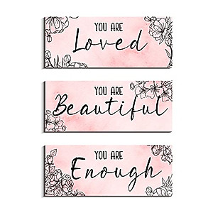 Creoate Pink Wall Decor for Girls 3 Pieces Inspirational Quotes Wall Art Thick Wooden Wall Hanging Bedroom Decor - You Are Loved Signs Wall Decor, Cute Girls Bedroom Decor, 4x10x0.3 Inch