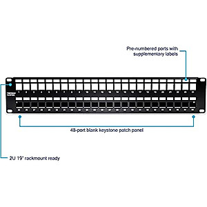 TRENDnet 48-Port Blank Keystone Shielded 2U HD Patch Panel, TC-KP48S, 2U 19” Metal Rackmount Housing, Network Management Panel, Recommended with TC-K06C6A Cat6A Keystone Jacks (Sold Separately)