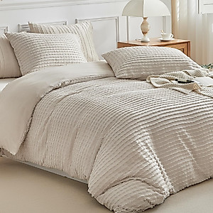 WARMDERN Boho Duvet Cover Set King Size,Khaki Striped Duvet Cover Microfiber Bedding Set,3PCS Ultra Soft Breathable Lightweight Tuft Texture Pattern Duvet Covers with Zipper Closure(Khaki,King)