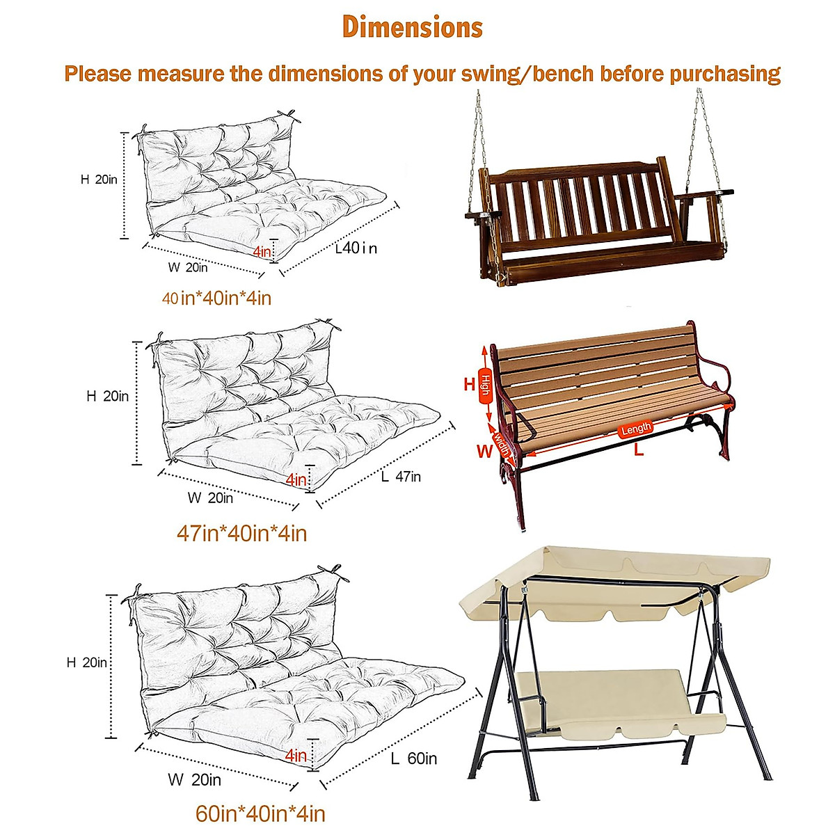 Outdoor Swing Cushions with Back, 47 x 40 inch 2-3 Seater Front Porch Swing Cushion Replacement, Swing Pad for Patio Wooden & Metal Porch Swing, Khaki