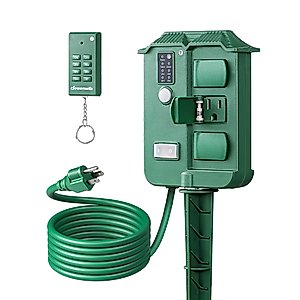DEWENWILS Outdoor Power Stake Timer Waterproof, 100FT Wireless Remote Control, 6 Grounded Outlets, 6FT Extension Cord, Photocell Dusk to Dawn for Christmas Decoration, Lights, Garden, UL Listed