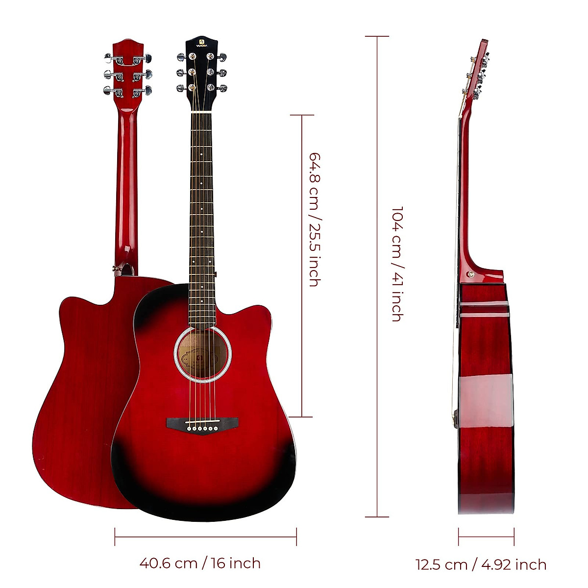 Acoustic Guitar, Cutaway Acoustic Guitar Full Size Dreadnought Acustica Guitarra Bundle with Gig Bag for Adults Teens Beginners Professionals, Red by Vangoa…