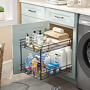 ROOMTEC Pull Out Cabinet Organizer 17" W x 18" D, Kitchen Cabinet Organizer and Storage 2-Tier Cabinet Pull Out Shelves Under Cabinet Storage for Kitchen Black