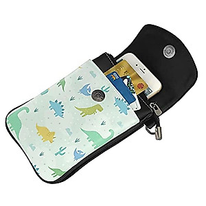 Women's Cell Phone Pouch Small Leather Crossbody Bags Cute Cartoon Dinosaurs Printed Wallet Purses with Adjustable Strap Mini Shoulder Bag Card Holder Wallet