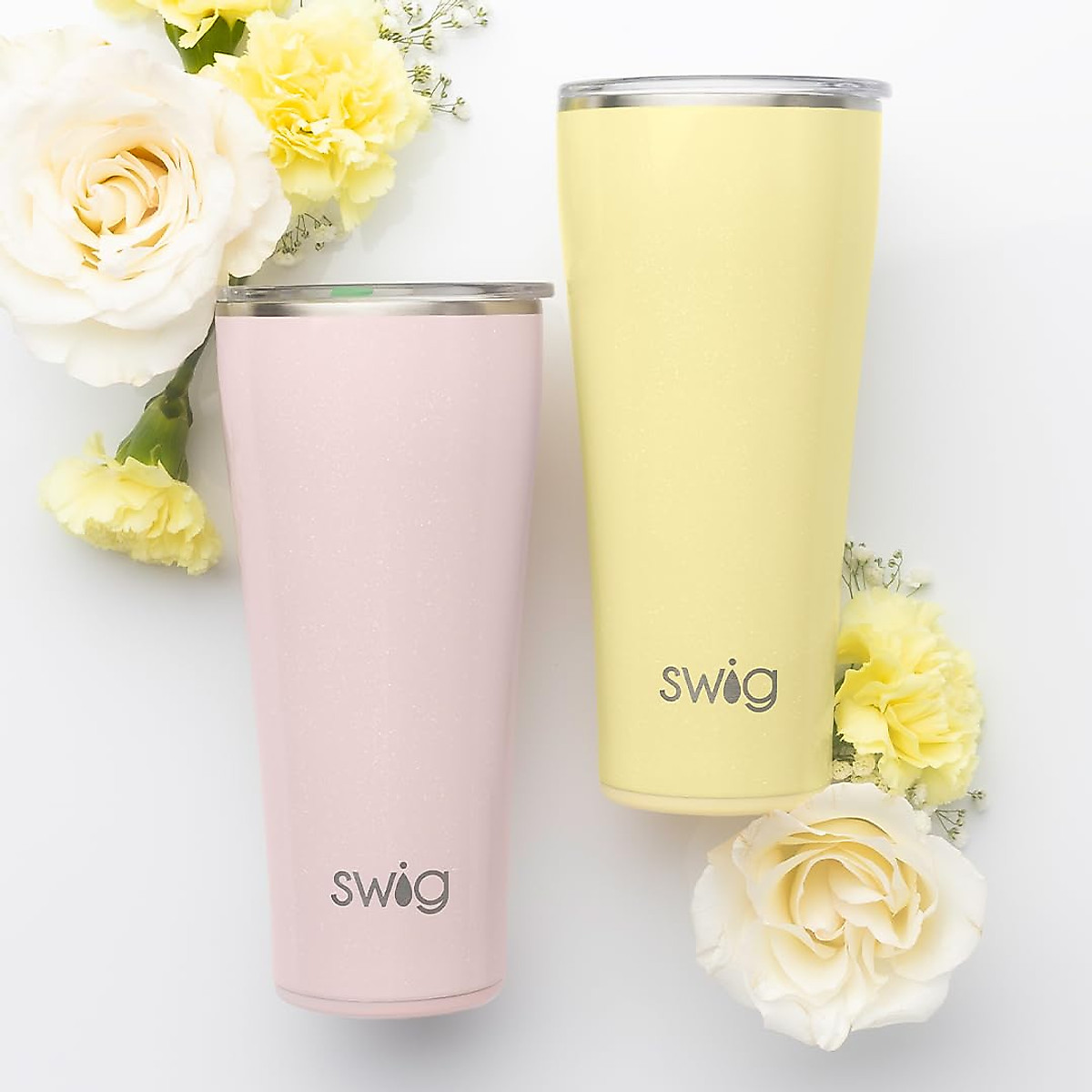 Swig Life 32oz Insulated Tumbler, Travel Coffee Tumbler with Lid, Cup Holder Friendly Travel Coffee Mug, Stainless Steel Thermos (Shimmer Buttercup)