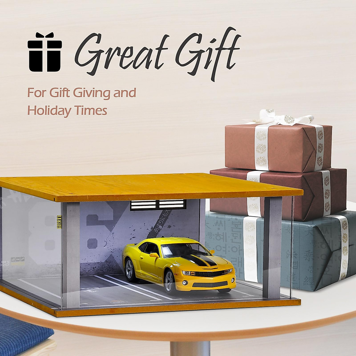 cxiiuui 1/18 Scale Display Case Car Garage Moldel with LED Light and Acrylic Cover Wooden Diecast Car Show Case 2 Parking Spaces Grey