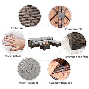 Outdoor Patio Dark Brown Rattan 7 Piece Sectional Set PE Wicker Conversation Sofa with Liftable Storage Table, Non-Slip 5" Thick Grey Cushion and Furniture Cover