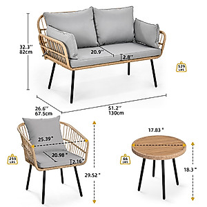 DWVO 4 Pieces Patio Furniture Set, Outdoor Wicker Bistro Set, All-Weather Rattan Conversation Set with Loveseat Chairs Table Soft Cushions for Backyard, Pool, Deck, Garden (Grey)