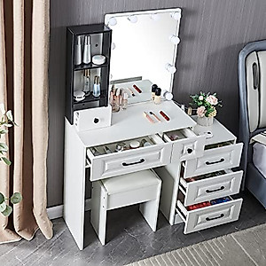 31.5'' Wide Vanity Table Set with Stool and Mirror, Makeup Vanity Desk with Lights, Dresser with Drawers for Bedroom, White