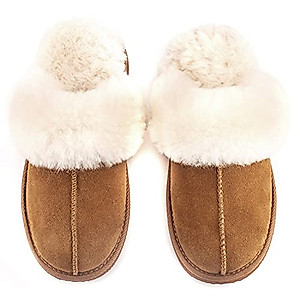 Parfeying Women's Sheepskin House Slippers Indoor Outdoor Shearling Shoes for Women,L21605 Chestnut 11US