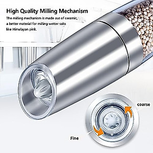 EasyCom Gravity Salt and Pepper Mill Set, Battery Powered with LED Light, Adjustable Coarseness, One Hand Automatic Pepper Mill for Kitchen and BBQ, 2 Pack, Silver