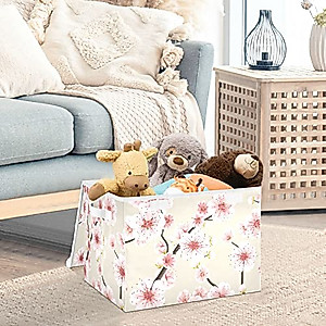 Kigai Pink Spring Cherry Blossoms Storage Bin, Storage Baskets with Lids Large Organizer Collapsible Storage Bins Cube for Bedroom, Shelves, Closet, Home, Office 16.5 X 12.6 X 11.8 Inch